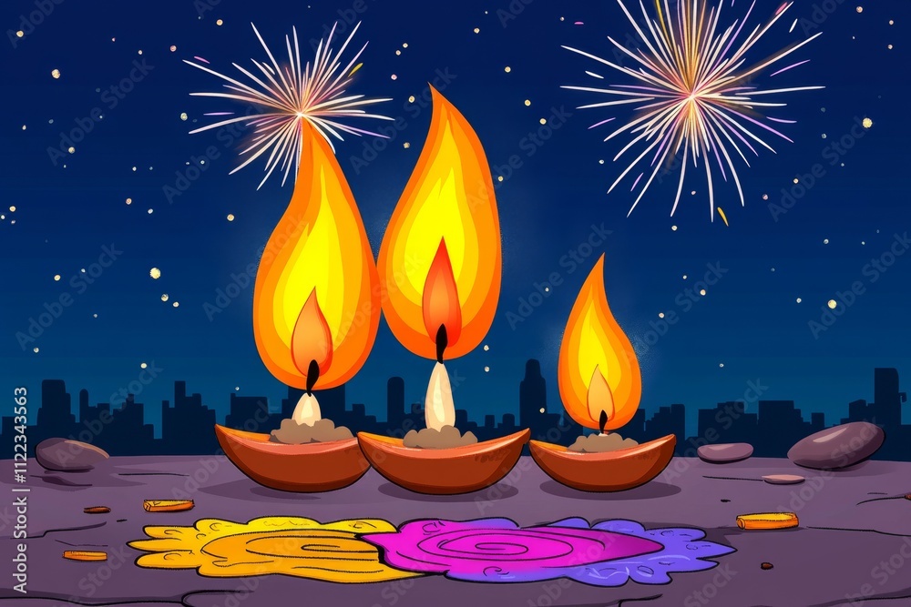 A pixel art scene of a Diwali celebration, with animated diyas ...