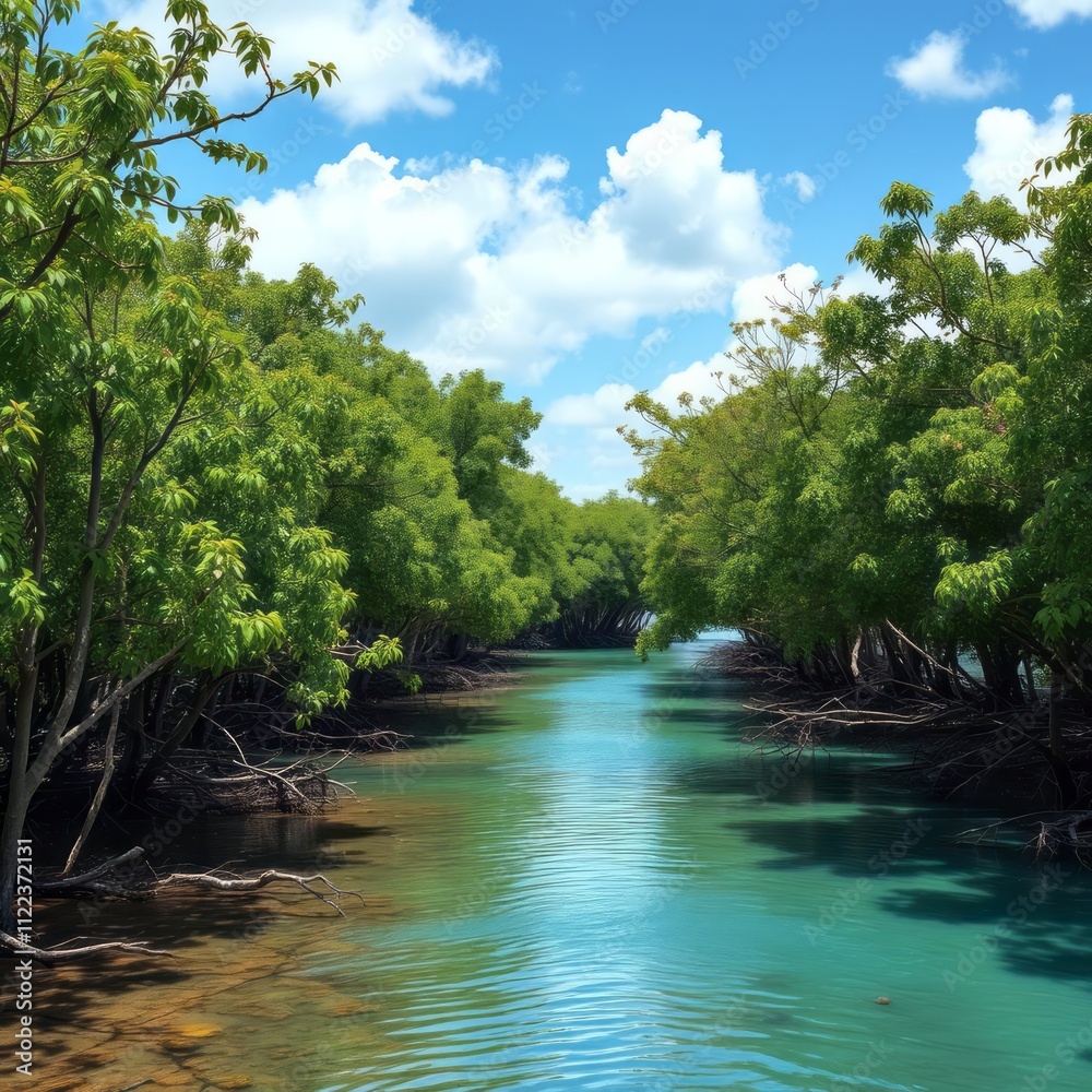 Mangrove trees along the turquoise green water in the stream River ...