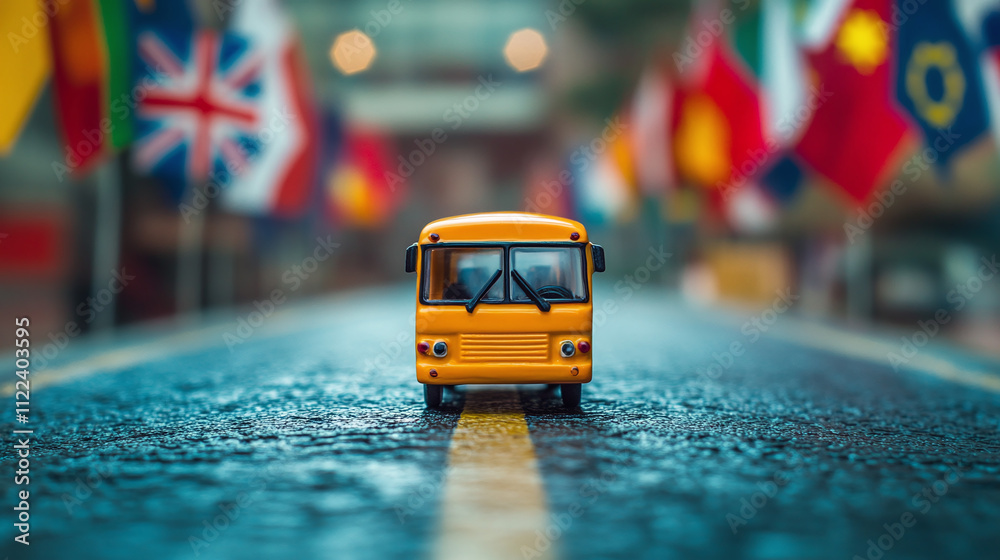 Small miniature bus model on the road between many various different ...
