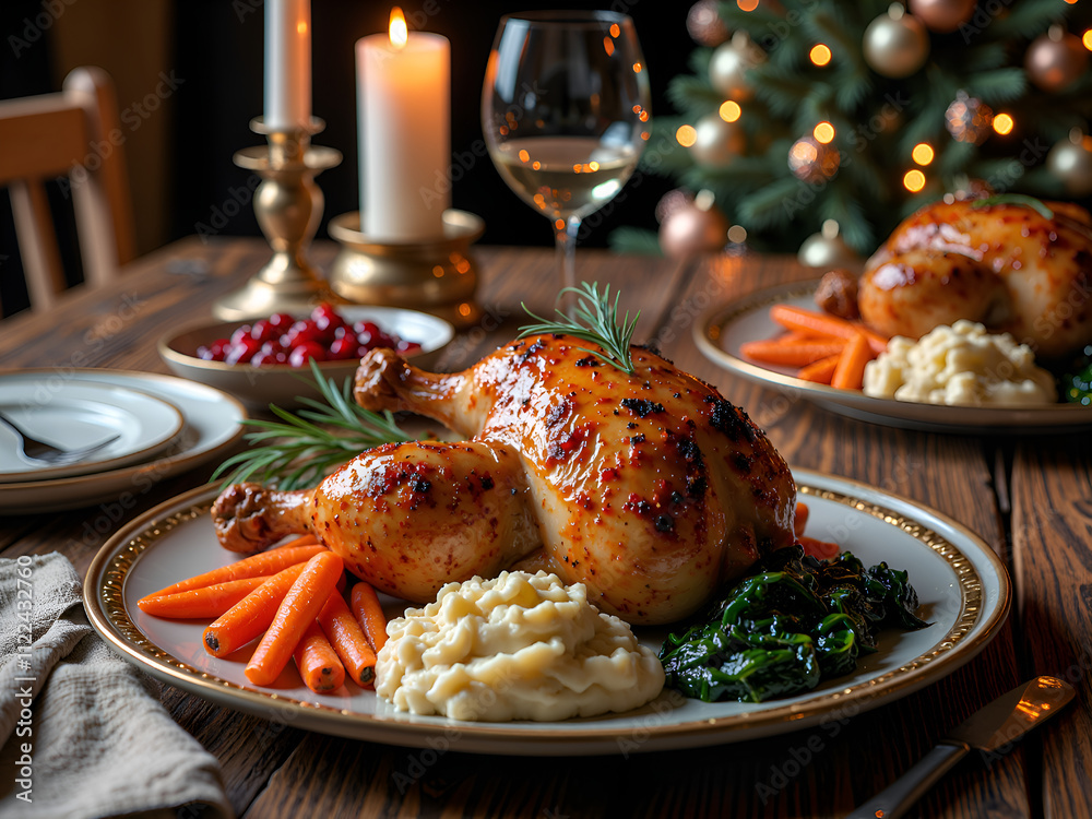 Elegant holiday dinner table with roast chicken, sides, and candlelight ...