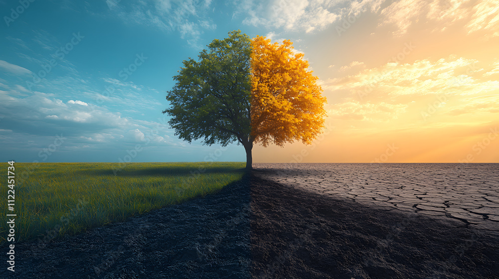 A tree is shown in two different environments, one lush and green and ...