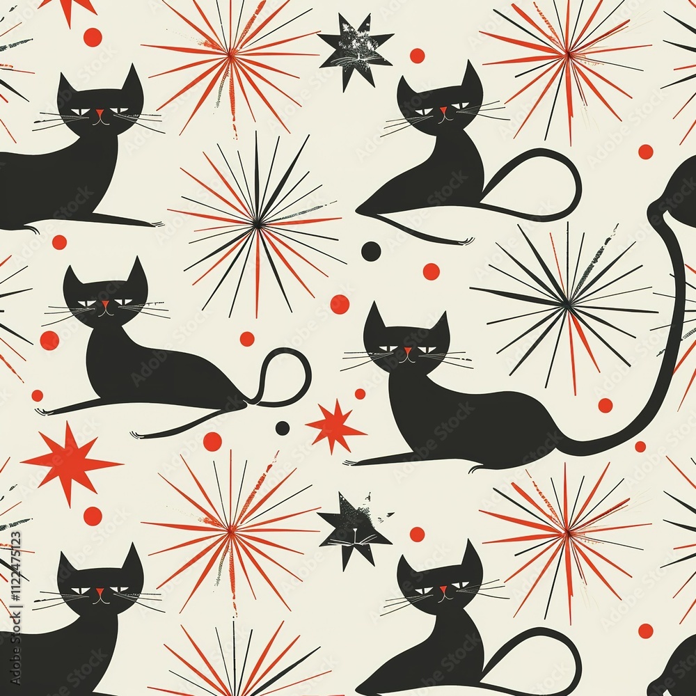1950s Mid Century Modern Atomic Black Cats and Starbursts pattern ...