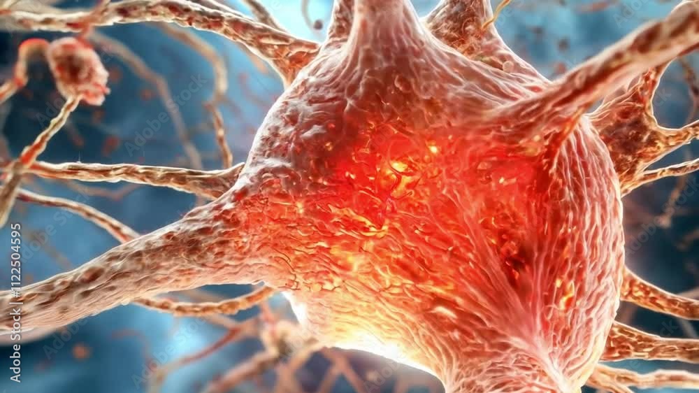 Signal transmitting neuron. Human nerve cell red and blue color banner ...