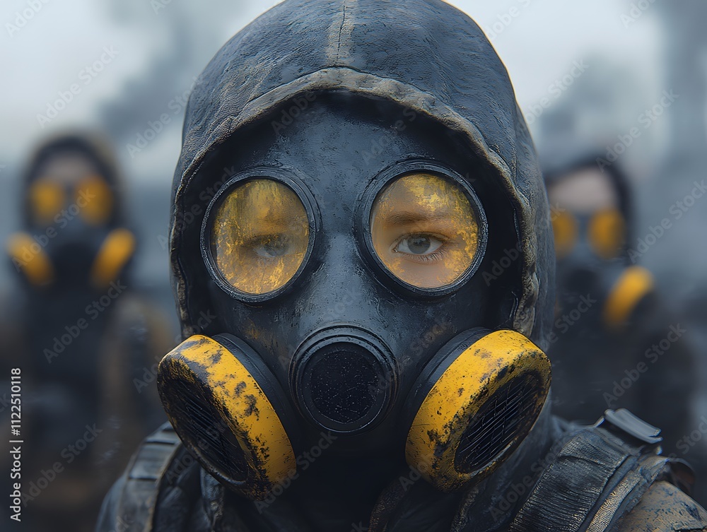 A boy and girl in gas masks playing on a smog-filled playground ...