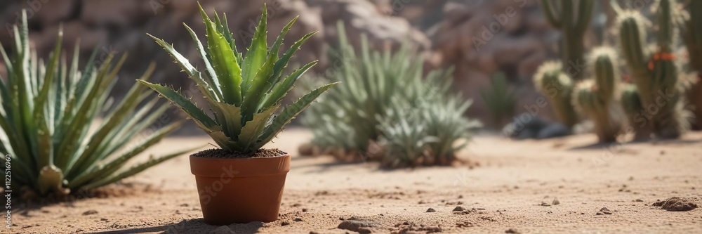 aloe vera plant with wild dwarf cactus in the background, desert garden ...