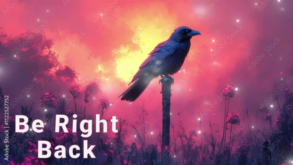 A raven stands proudly as the sun sets in vibrant colors. Be Right Back ...