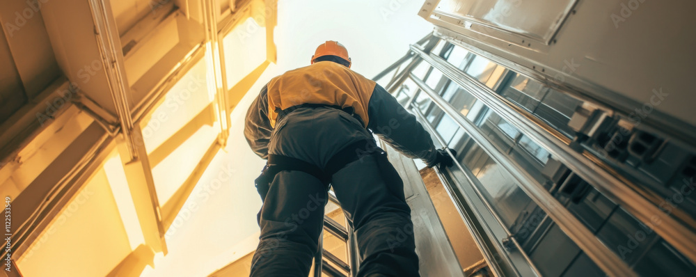 professional worker climbing ladder towards elevator shaft, showcasing ...