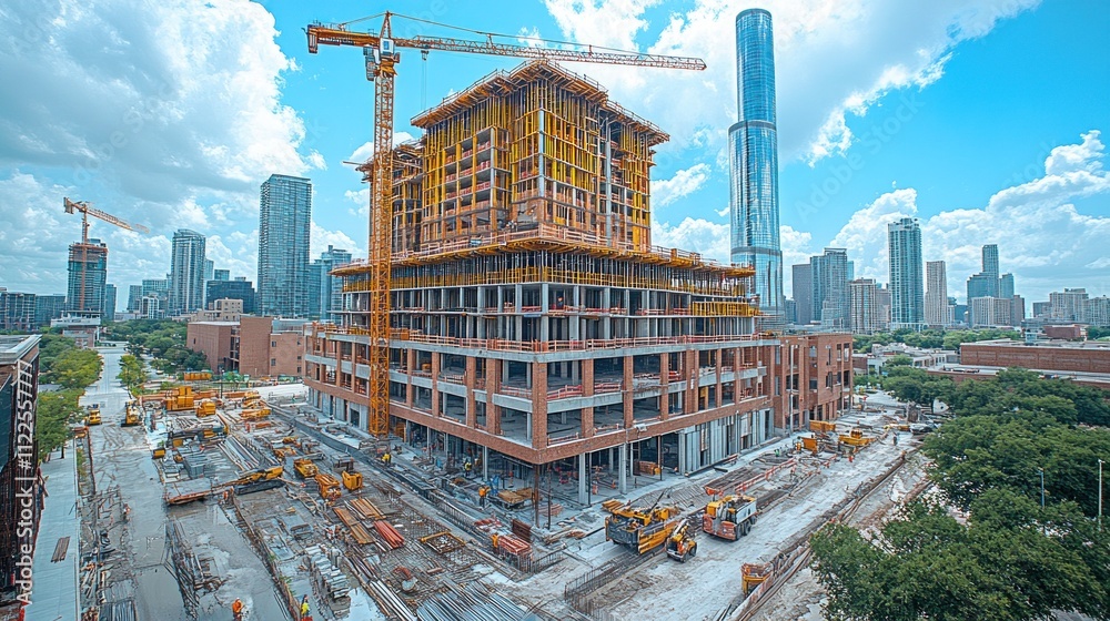 An aerial view of a construction site where multiple buildings are ...