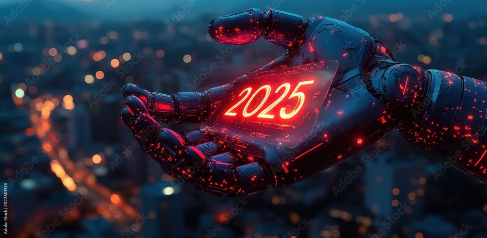 Robotic hand holding glowing 2025 against a blurred city lightscape ...