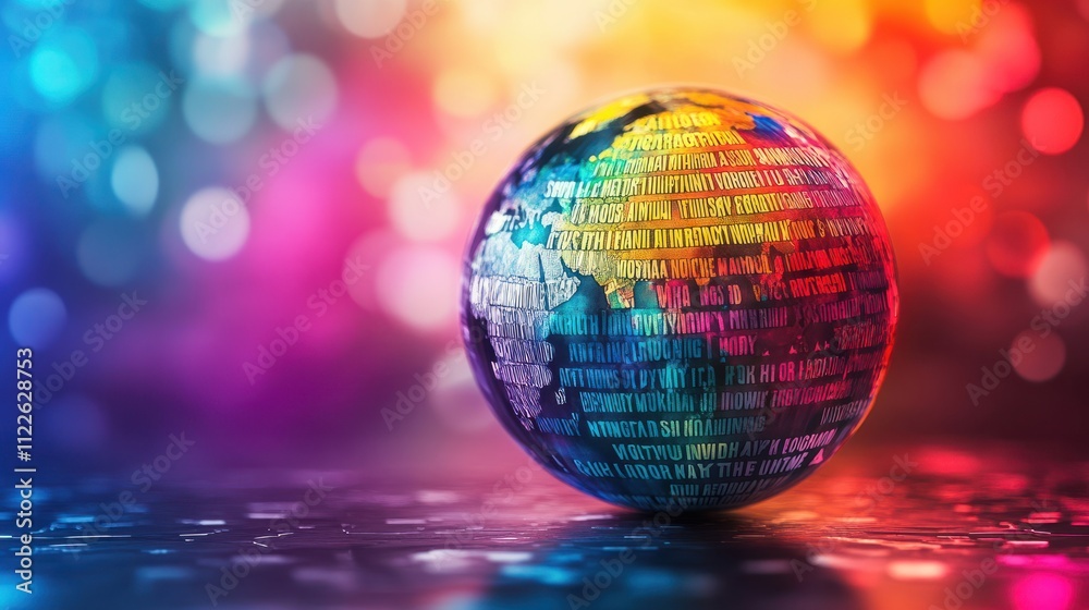 A multi-colored globe with words in different languages against the ...