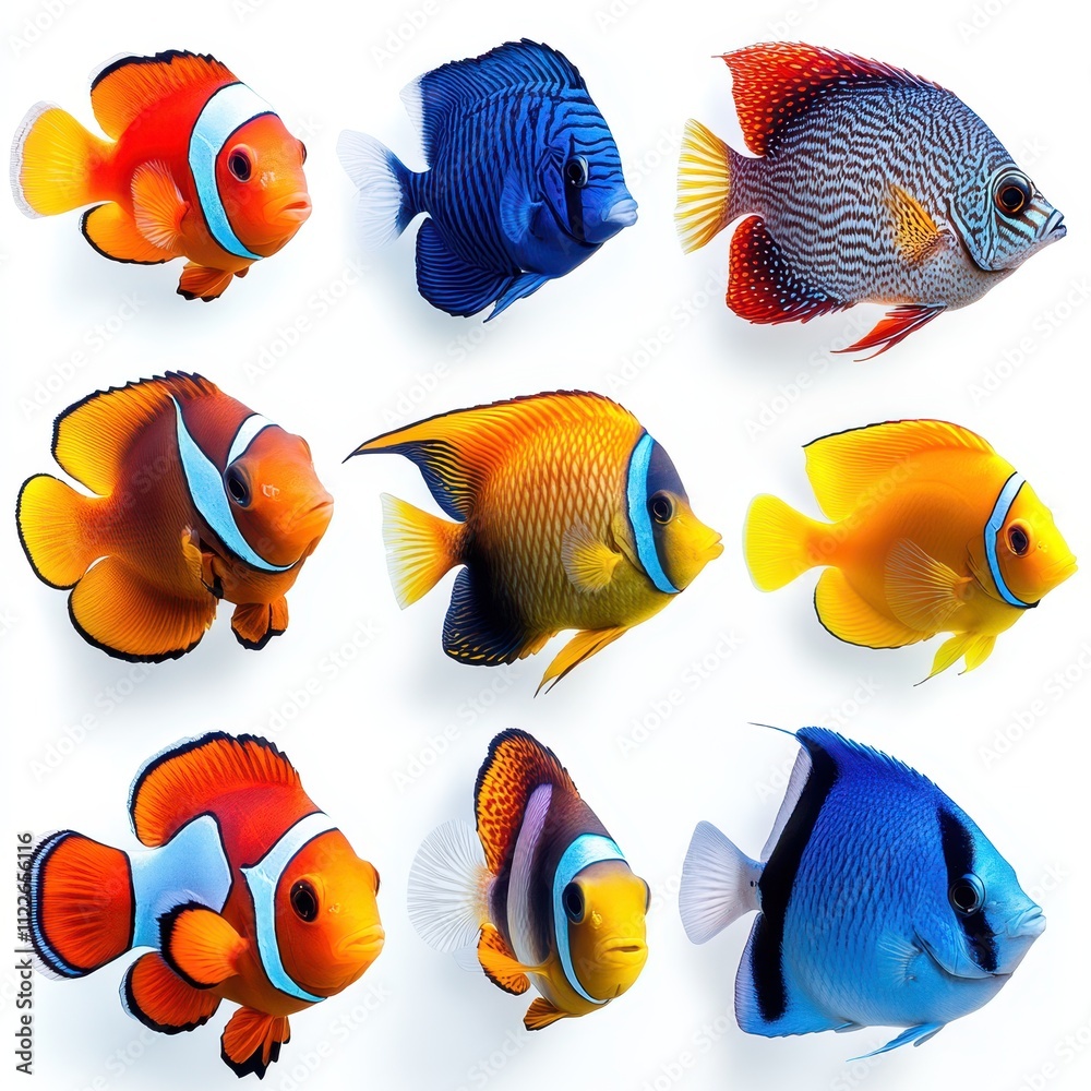 Vibrant Collection of Nine Tropical Reef Fish Clownfish, Angelfish, and ...