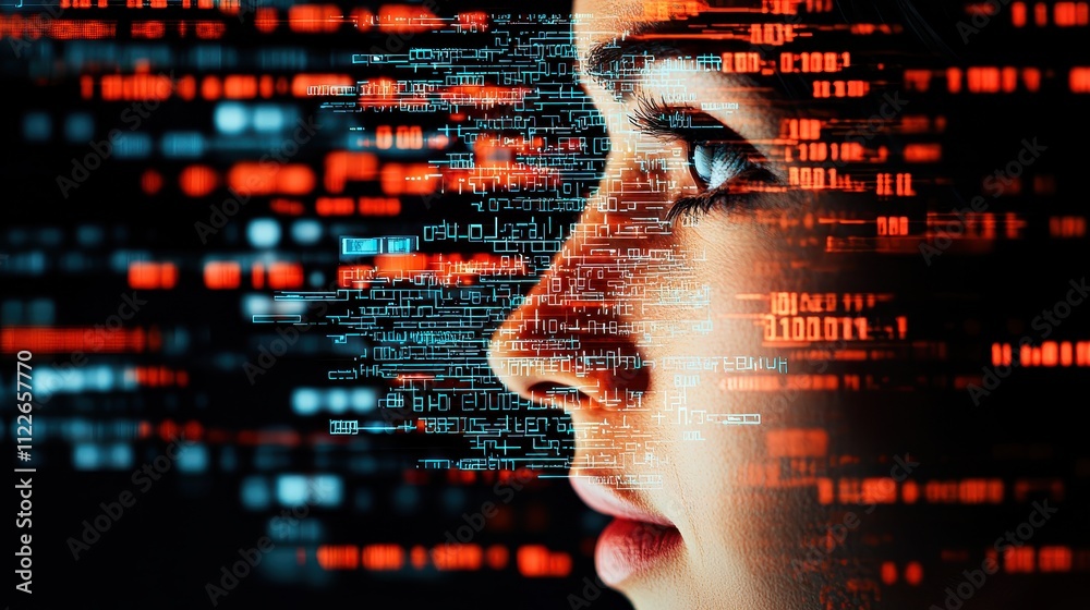 A close-up of a woman's face with digital data patterns overlaying ...