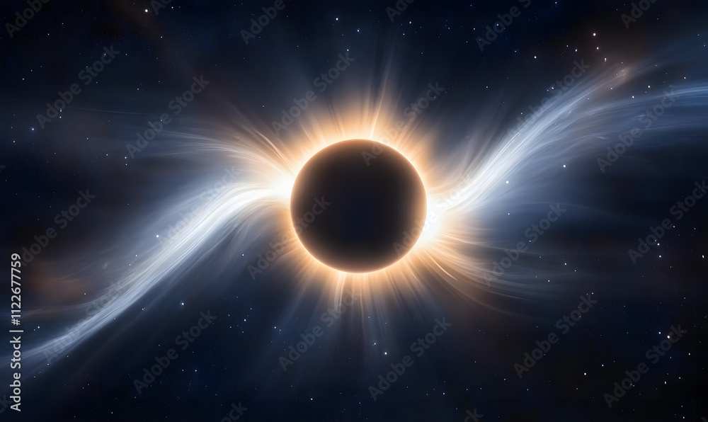 solar eclipse with intense twin flares, light beams curving and ...