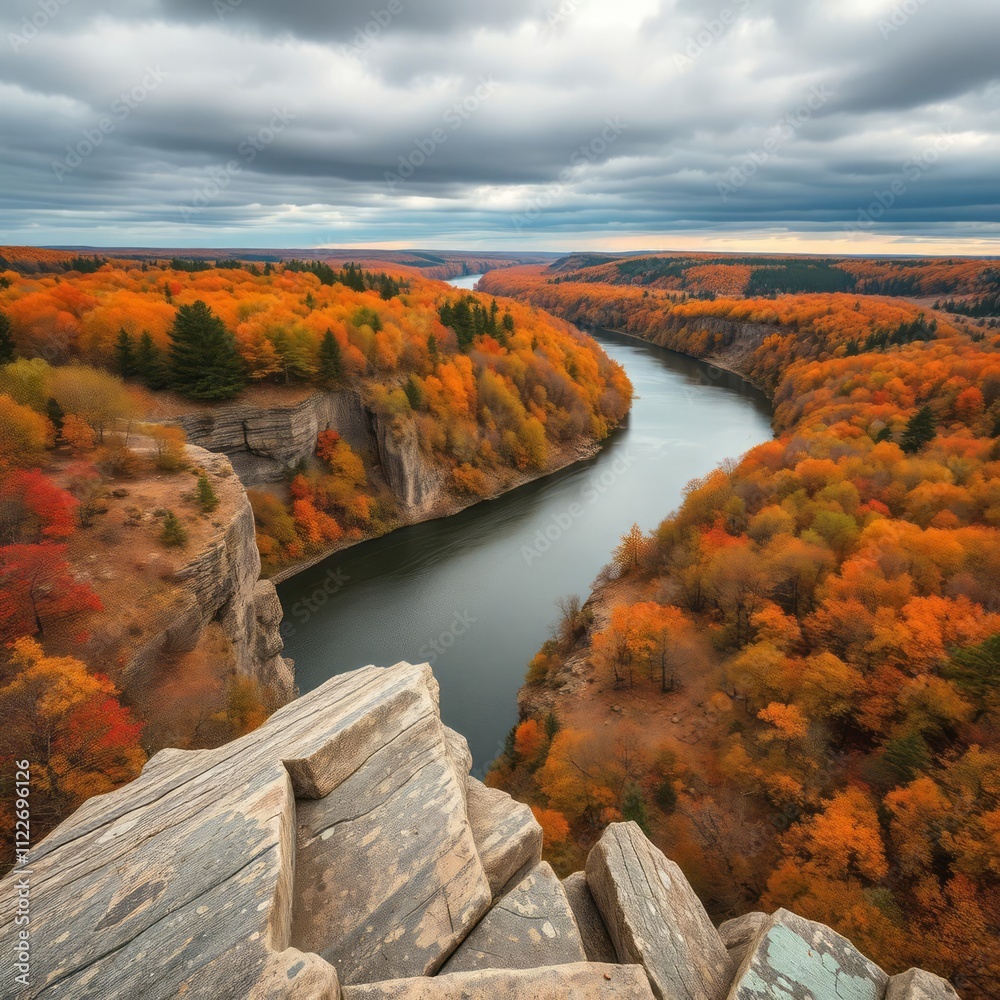 Scenic autumn view from atop a river bluff in pere marquette state park ...