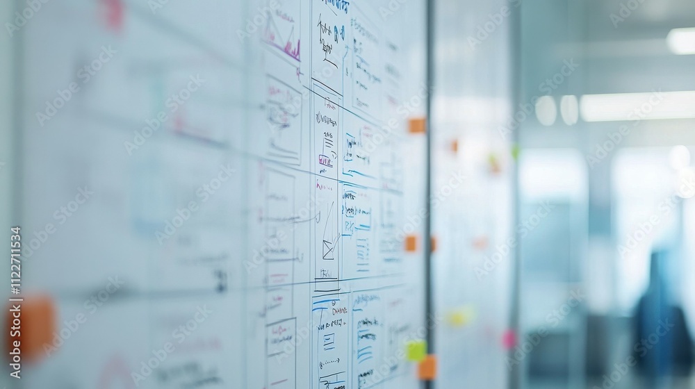 Whiteboard filled with ideas, diagrams, and flowcharts during a hackathon. Stock 写真 | Adobe Stock