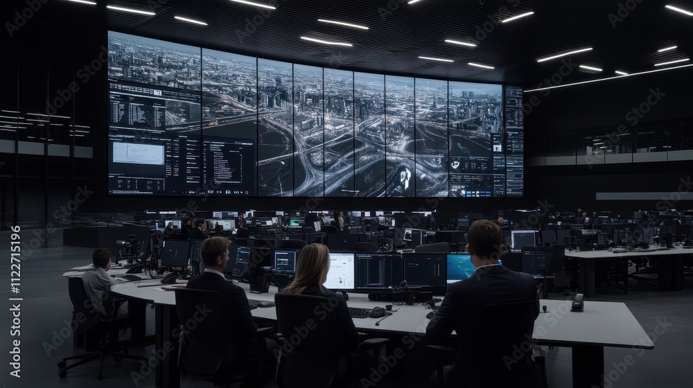 Large team of analysts working in a modern control room with multiple screens displaying city ...