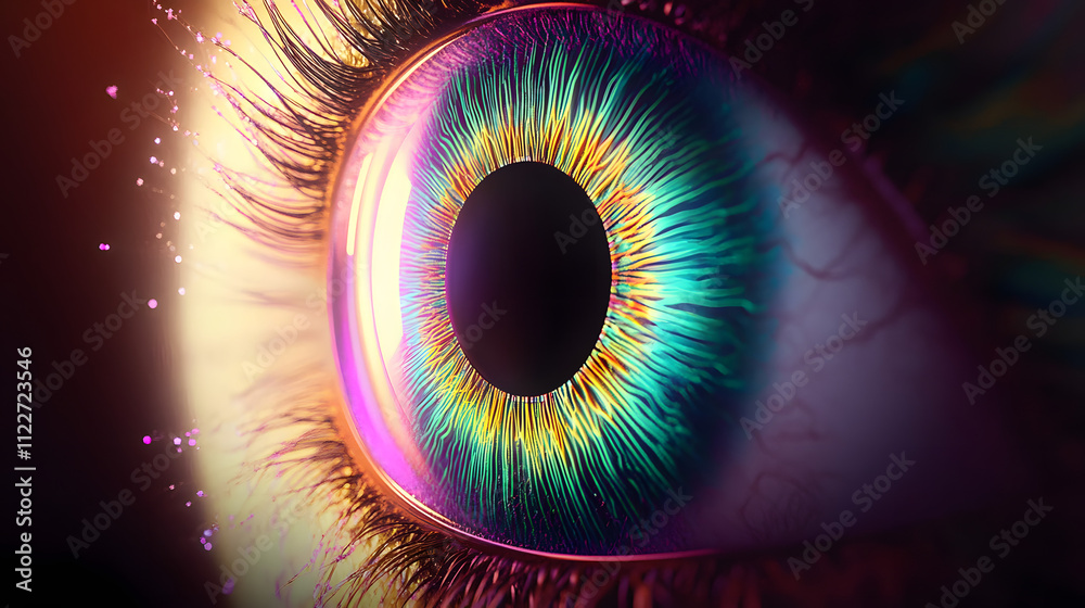 Human multicolored iris of the eye animation concept. Rainbow lines ...