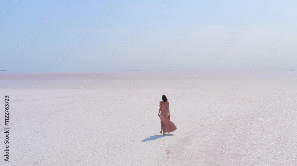 An aerial view of a stylish woman walking across a scenic pink salt ...