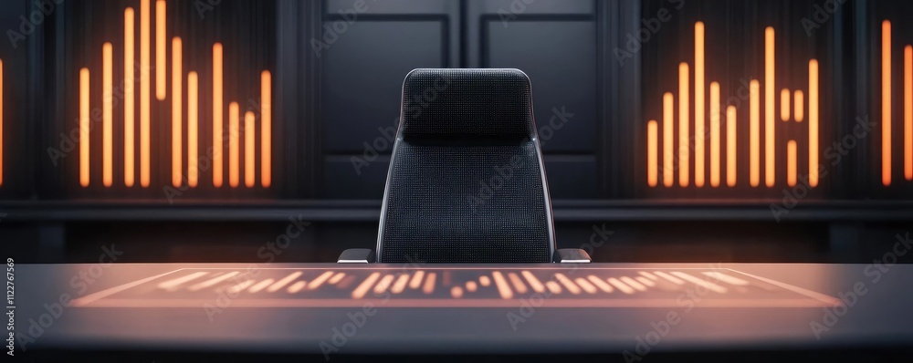 Modern office setup featuring a sleek black chair in front of a high ...