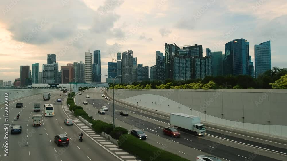Sunset Scene of Downtown Singapore with Traffic Car City Timelapse. The ...