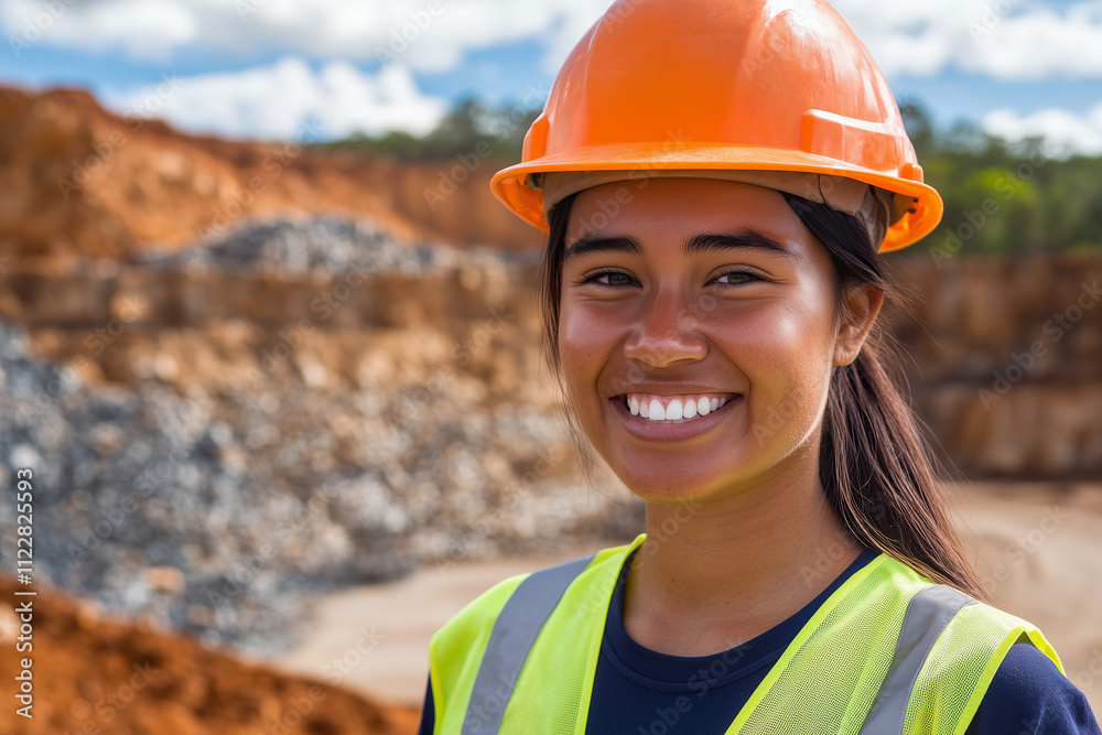 portrait of smiling poc female engineer on mine site wearing hard hat ...