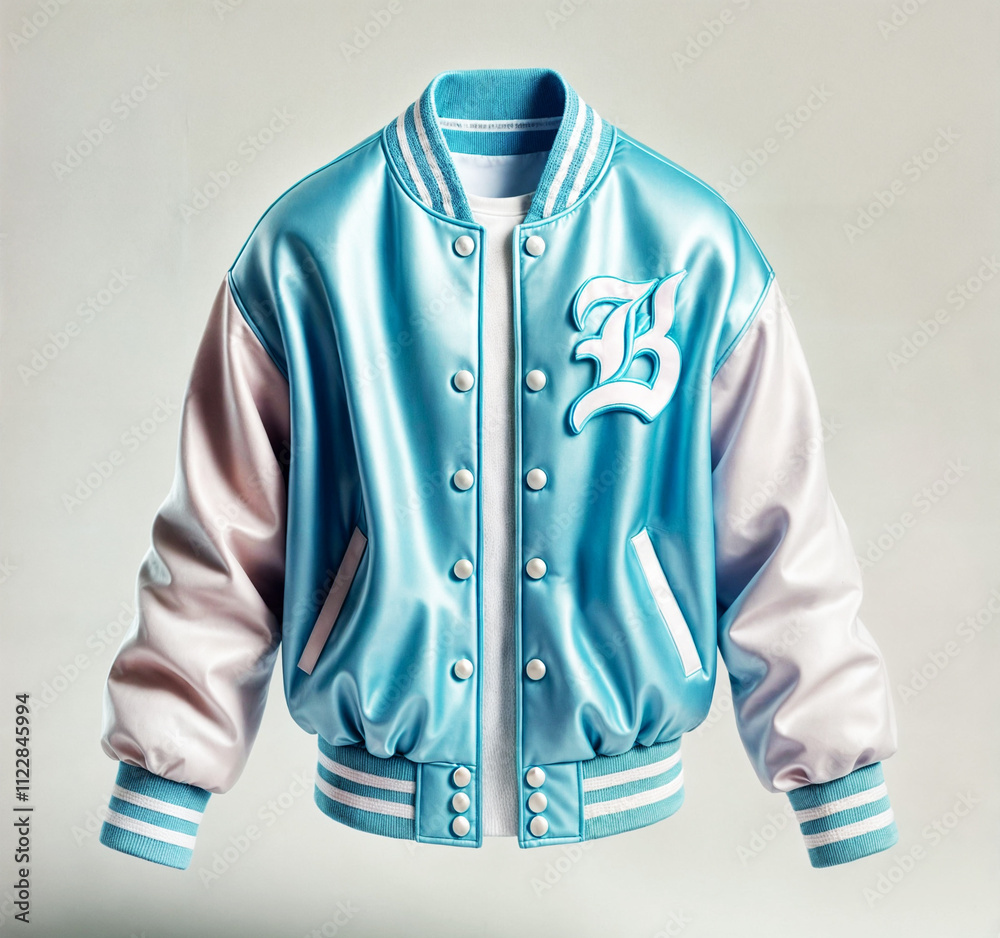 mock up of light blue and white stylish Varsity Jacket, with insignia ...