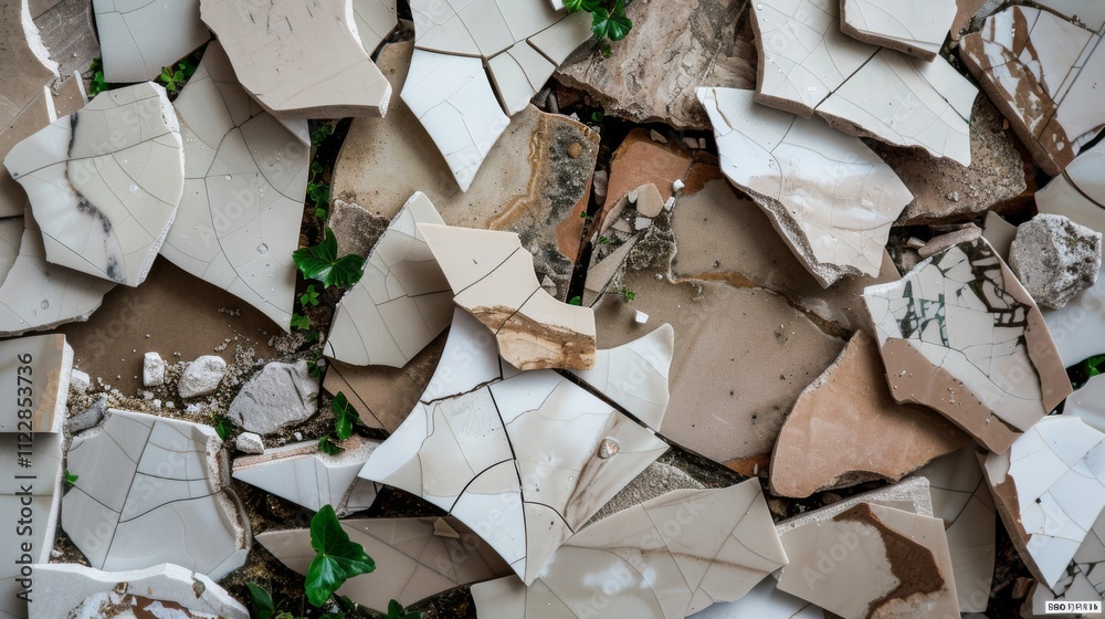 Broken tiles overlap in a mosaic of jagged edges, featuring new green ...