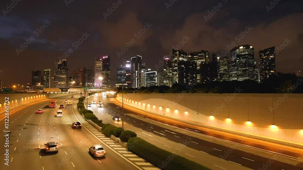 Night Scene of Downtown Singapore with Traffic Car City Timelapse. The ...
