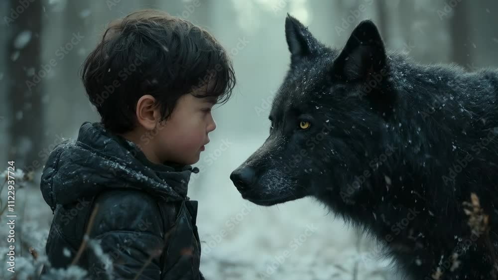 A young boy and a majestic wolf share a moment of connection in a snowy ...