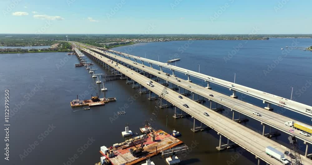 Driving traffic cars on freeway bridge road under construction ...
