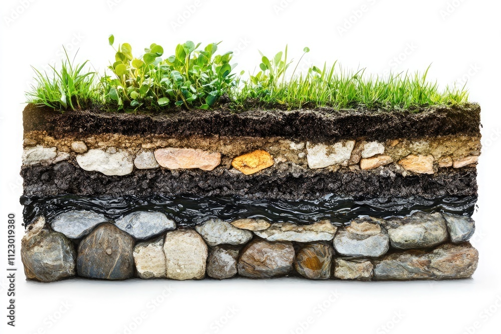 A cross-section of soil 8 layers 5th layer with water and 7 layer with ...