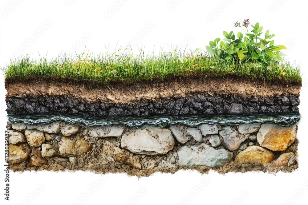 A cross-section of soil 8 layers 5th layer with water and 7 layer with ...