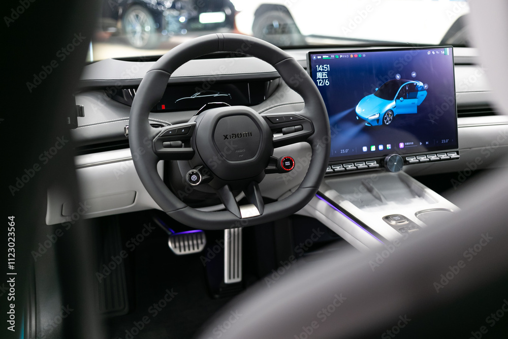 Xiaomi SU7 car from the China brand. Luxury car interior, steering ...