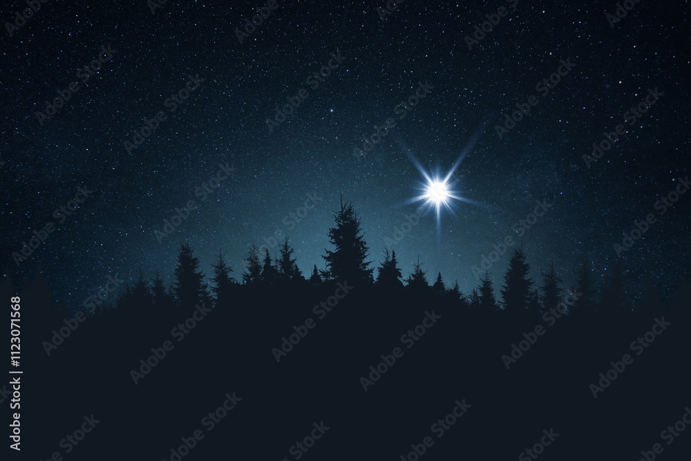 The star shines over the manger of Christmas of Jesus Christ. Bethlehem ...