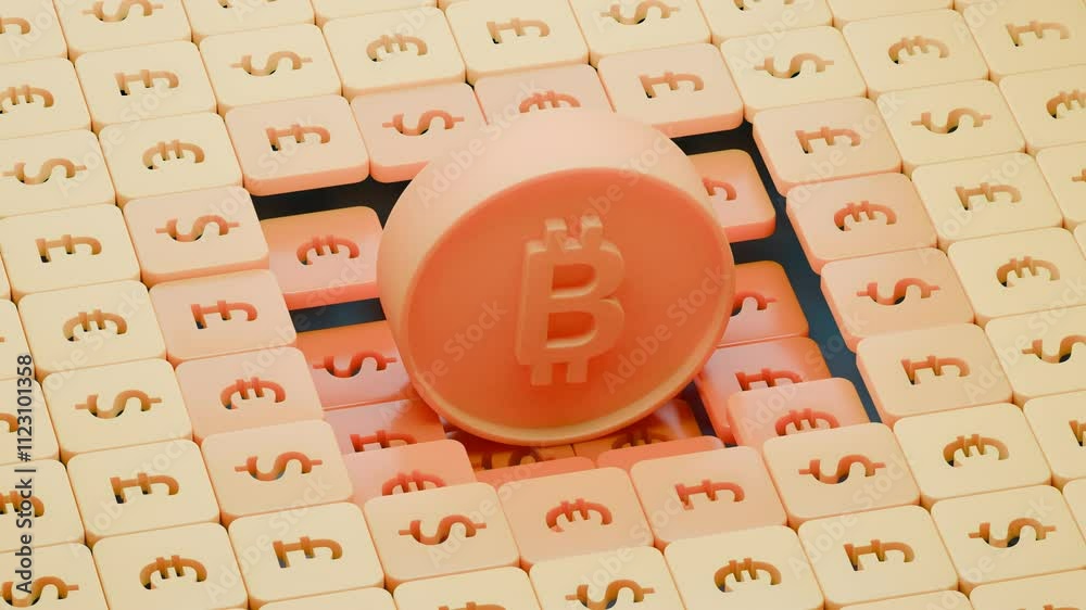 A looping 3D animation of a bitcoin coin that moves across tiles with ...