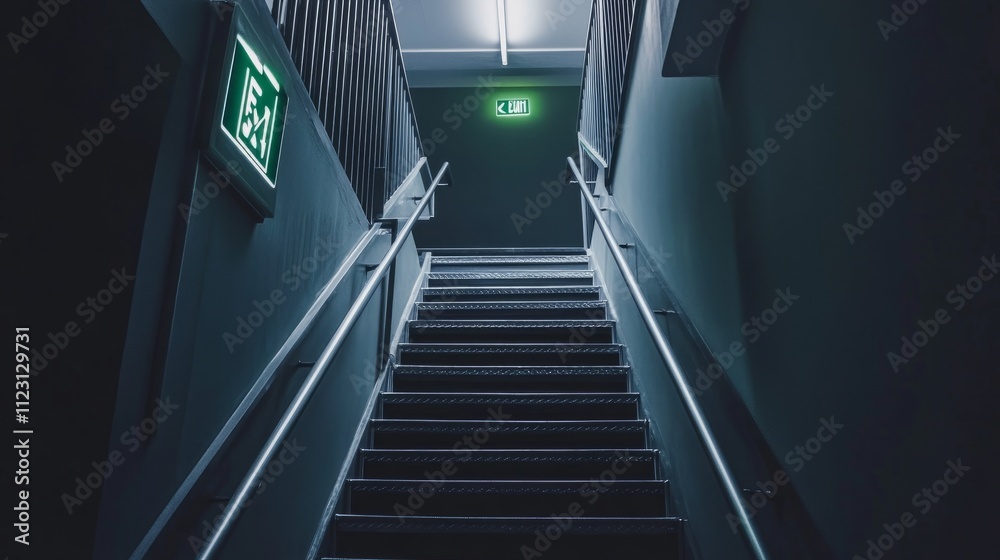 A well-maintained stairwell in a building with green exit signs and ...