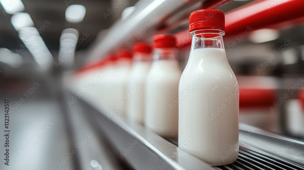 An array of milk bottles with red caps lined up on a sleek production ...