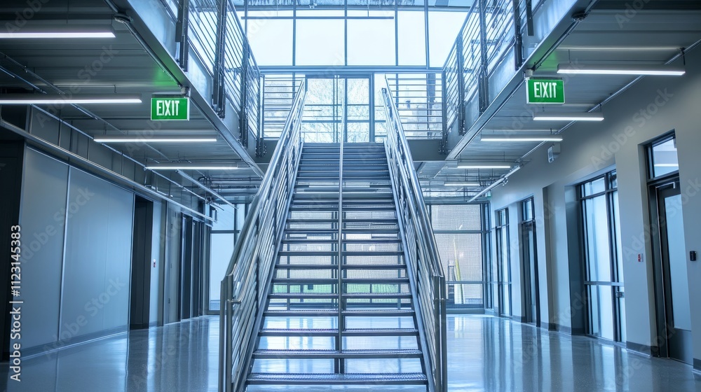 Modern metal stairs inside a building, with clear green exit signs ...