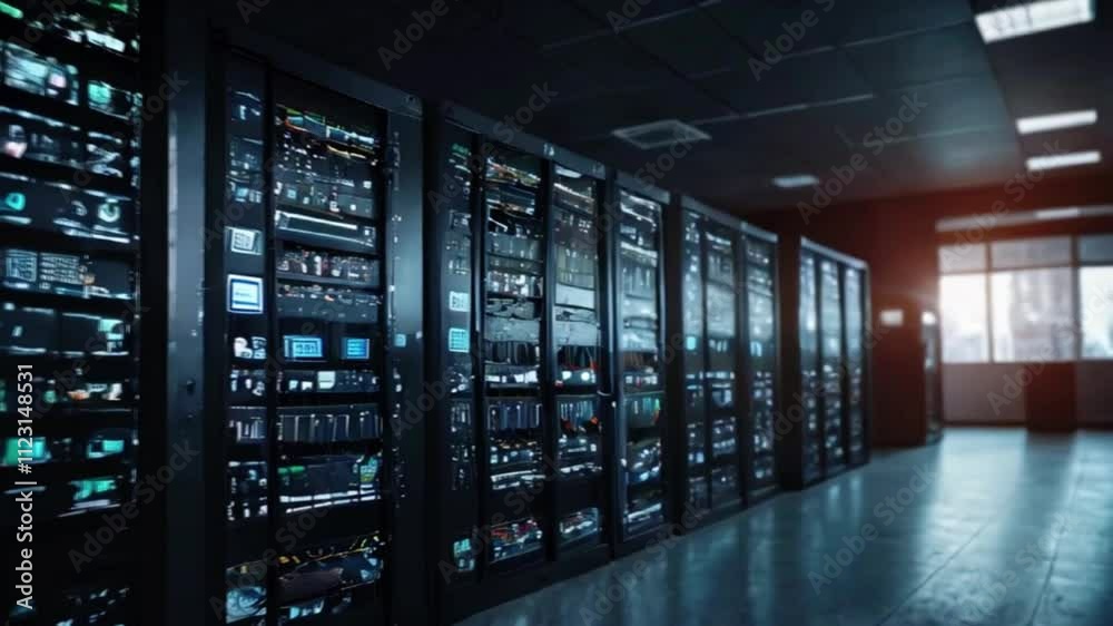 server room with server racks datacenter. 3d technology background ...