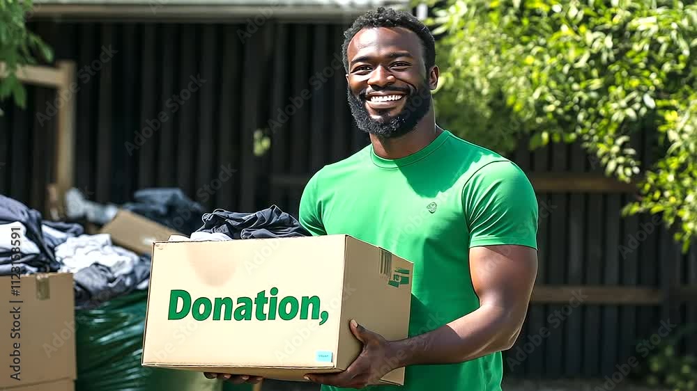 A volunteer in a cheerful green shirt, holding a cardboard box of ...
