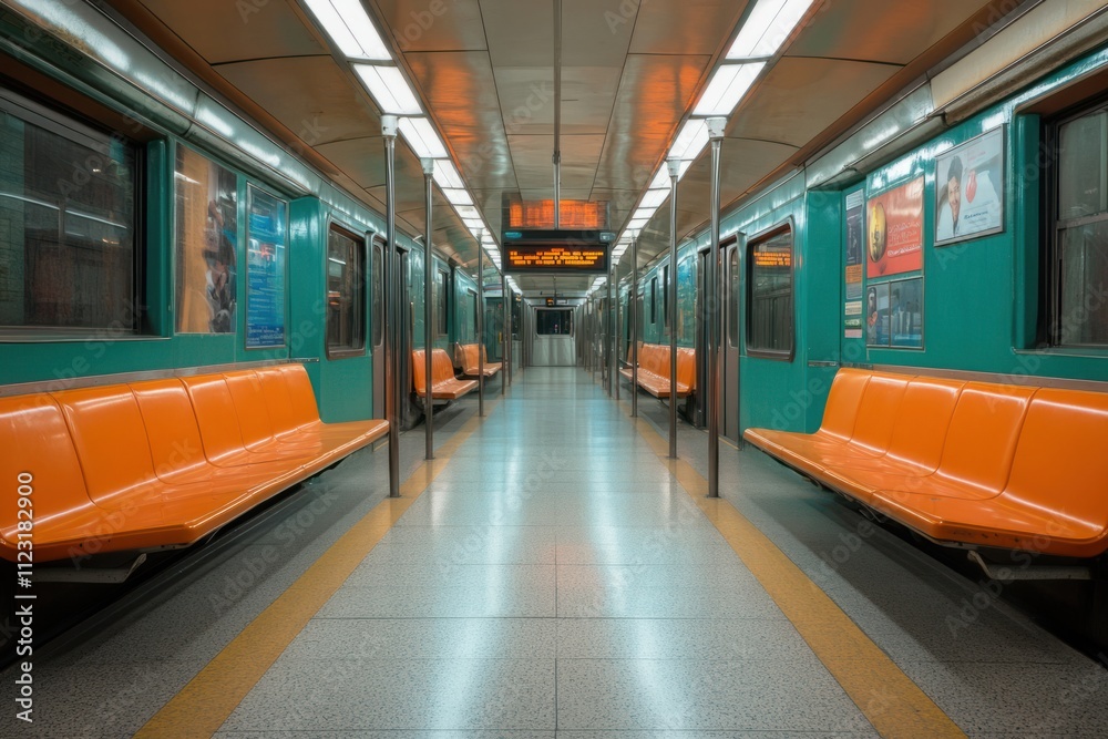 Empty subway train interior with vibrant orange seats in a modern urban ...