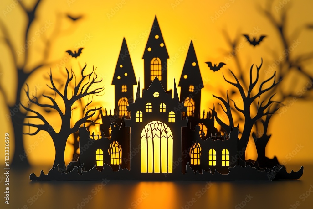 Halloween themed spooky castle with trees, paper cut craft style ...