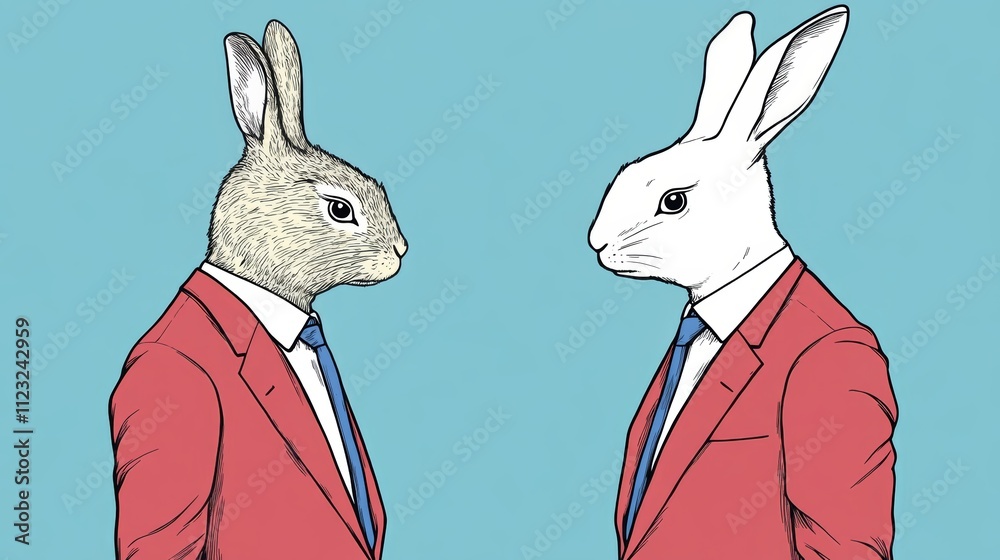 Two dapper rabbits in formal wear, one in a red jacket, striking pose ...