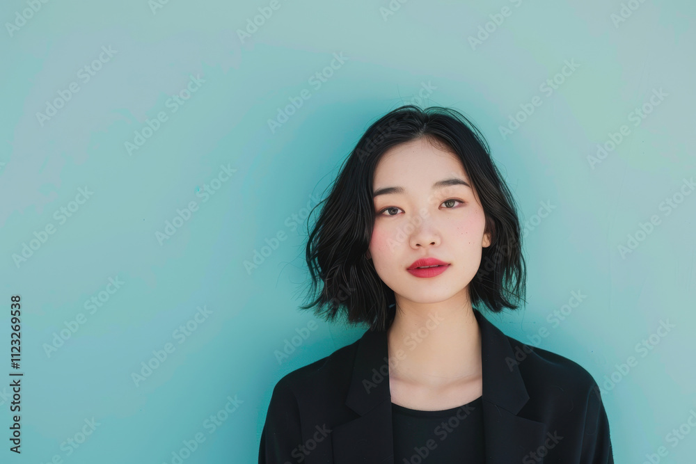 Dynamic Half-Body Portrait of Japanese Female Model Presenting Stylish ...