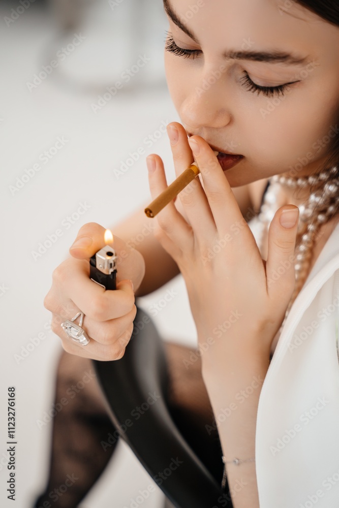 This photo shows a girl sitting on a chair and lighting a cigarette ...