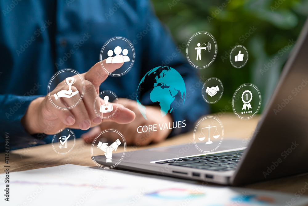 Core values, corporate values business ethics, Businessman show core ...