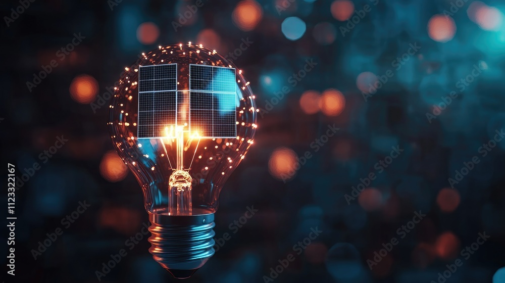 An eco-friendly light bulb icon with a solar panel and wind turbine ...