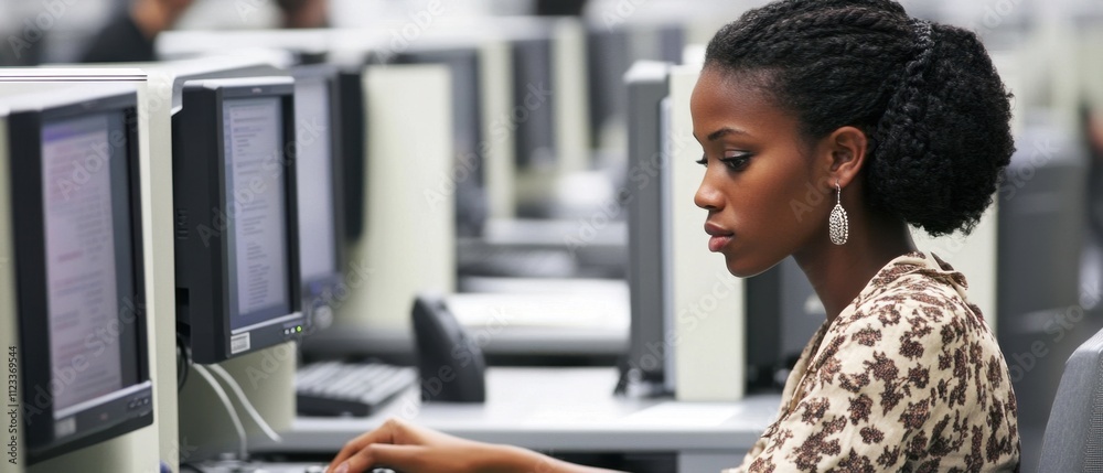 Black woman typing on computer at work, office cubicles in background ...