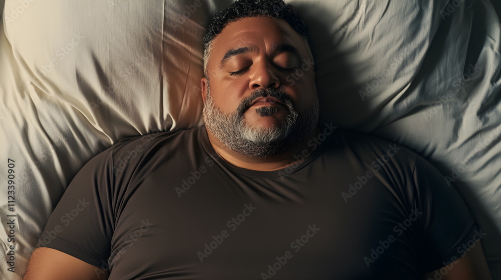 Middle aged man 30-45 years old overweight sleeping on white sheet on ...