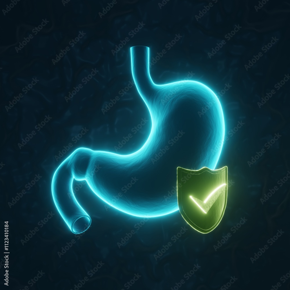 Glowing stomach with shield on a dark blue background. Stomach ...